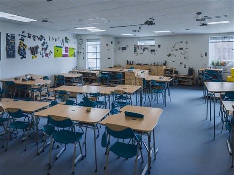 A Classroom With Desks And Chairs Filled With School Supplies Stock