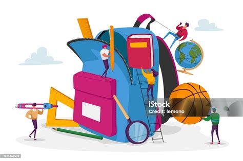 작은 남성과 여성 캐릭터는 거대한 배낭 교육 도구 문구 공 글로브와 다른 분야에 대한 책에 넣어 학교로 돌아가기 교육 개념 만화 사람 벡터 일러스트 교육에 대한 스톡 벡터