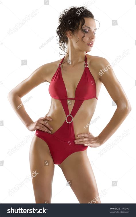 Sensual Woman Brunette Sexy Red Swimsuit Stock Photo Shutterstock