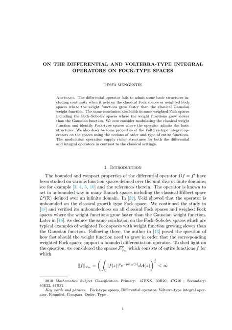 Pdf On The Differential And Volterra Type Integral Operators On Fock Spaces
