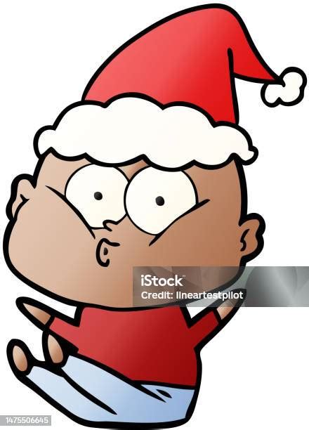 산타 모자를 쓰고 쳐다보는 대머리 남자의 손으로 그린 그라데이션 만화 그라데이션에 대한 스톡 벡터 아트 및 기타 이미지 그라데이션 낙서 드로잉 남자 Istock
