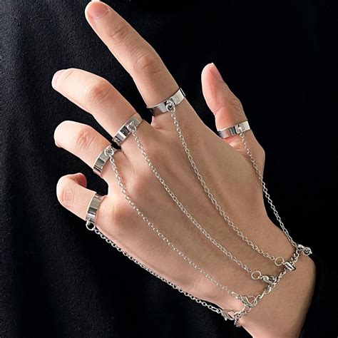 Goth Punk Mens Chain Detail Mittens Ring Fashion Jewelry Hand Chain