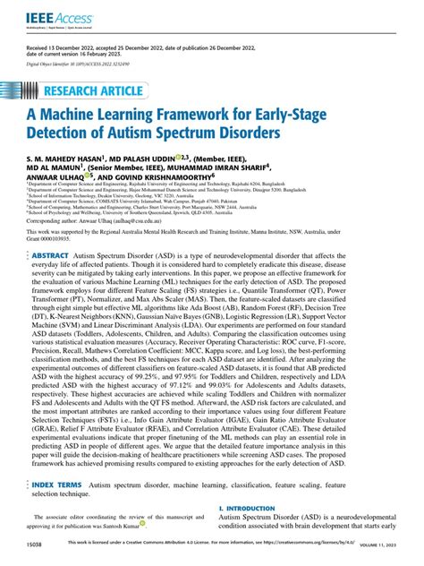 A Machine Learning Framework For Early Stage Detection Of Autism