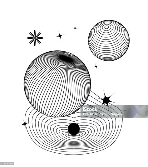 추상 벡터 일러스트 레이 션은 동심원 라인 구체 별 및 잔물결 패턴을 특징으로합니다 현대 미술 우주를 테마로 한 디자인 및 창의적인 디지털 프로젝트에 이상적입니다 착시에