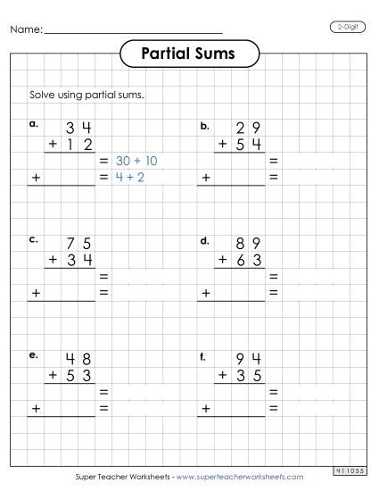Graph Paper Addition 2 Digit Partial Sums Printable Pdf Worksheet