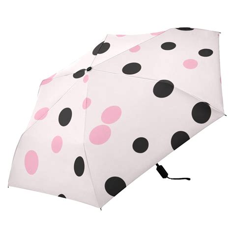 Pink And Black Polka Dots Compact Folding Umbrella For Rain Windproof