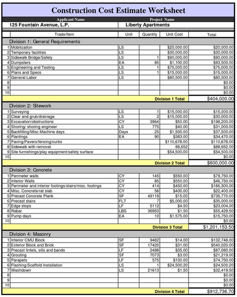 Construction Divisions Spreadsheet Intended For Residential