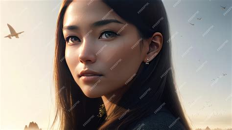 Premium Ai Image A Woman With Long Hair And A Blue Eyes Looks Into The Camera