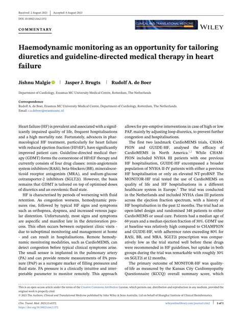 Pdf Haemodynamic Monitoring As An Opportunity For Tailoring Diuretics