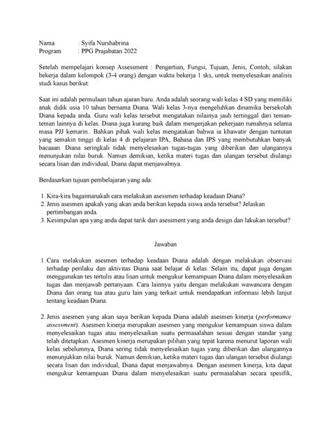 Ruang Kolaborasi Topik Pengukuran Pemahaman Belajar Peserta Didik Assessment Nama Syifa