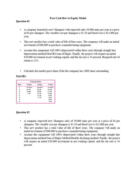 Fcfe Model Analysis For New Shampoo Project Pdf Depreciation