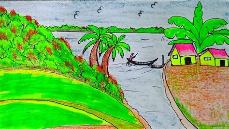 Village Scenery Drawing ছবি অংকন অসাধারণ গ্রামের দৃশ্য বন্যার দৃশ্য Youtube