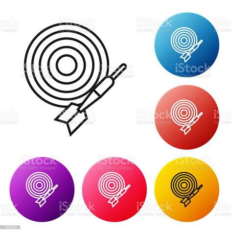 흰색 배경에 격리 된 검은 선 클래식 다트 보드와 화살표 아이콘입니다 다트 보드 간판입니다 게임 개념입니다 아이콘 다채로운 원 버튼을 설정합니다 벡터 일러스트레이션 개념에