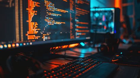 Computer Of A Programmer With Lines Code Of Software Photo And Picture