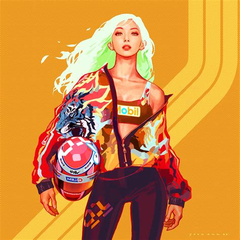 배경 화면 삽화 여자들 디지털 아트 긴 머리 빨간 립스틱 뷰어를보고 서 있는 재킷 지퍼 압축이 풀린 브래지어 헬멧 오렌지 배경 1920x1920