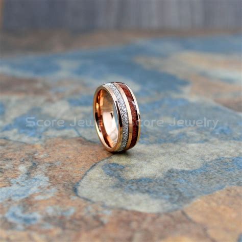 8mm 14k Rose Gold Tungsten 2 Tiered Meteorite And Koa Wood Wedding Band