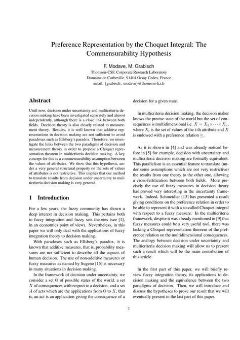 Pdf Preference Representation By The Choquet Integral The Commensurability Hypothesis