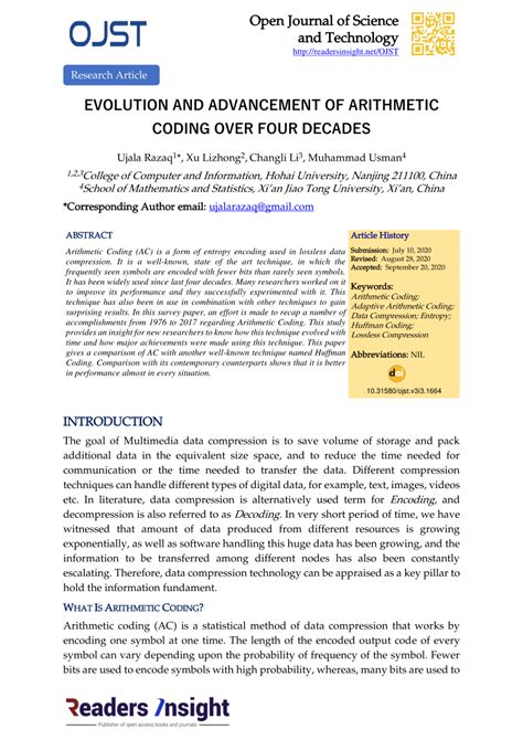 Pdf Evolution And Advancement Of Arithmetic Coding Over Four Decades