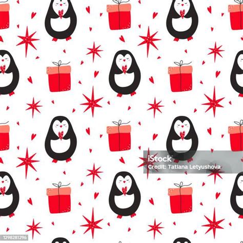 귀여운 펭귄 하트 선물 상자 별과 매끄러운 패턴 발렌타인 데이에 대한 벡터 일러스트레이션 엽서 인쇄 기프트 래핑 패브릭 디자인