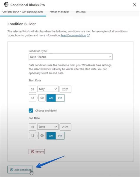 how to schedule wordpress block content conditional blocks