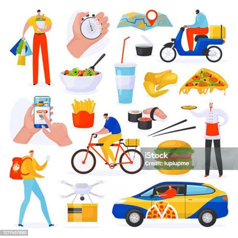 흰색 벡터 일러스트레이션에 고립 된 음식 배달 서비스 세트 패스트 푸드 주문 배송 모바일 앱택배 자전거에 피자를 제공합니다