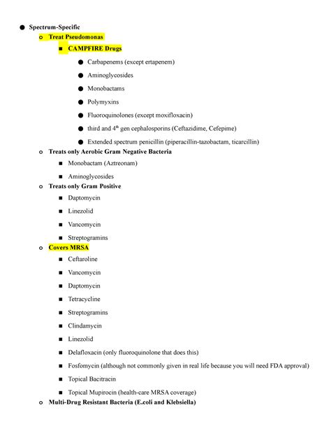 Abx Summary Sheet Spectrum Specific O Treat Pseudomonas Campfire Drugs Carbapenems Except