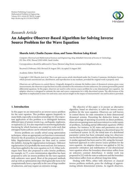 Pdf An Adaptive Observer Based Algorithm For Solving Inverse Source