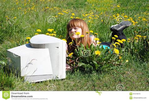 Girl With The PC Monitor Stock Photo Image Of Dandelions