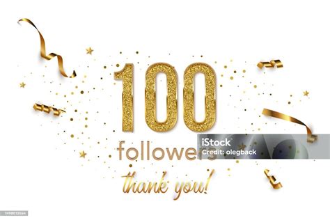 100명의 팔로워 축하 수평 벡터 배너 소셜 미디어 업적 포스터 100 명의 추종자가 편지를 보내 주셔서 감사합니다 황금빛 반짝이는 색종이 리본 흰색에 반짝이는 감사 텍스트