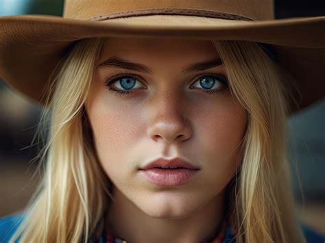 Close Up Outdoor Photo Of Beautiful Woman With Blond Hair In Cowboy Hat