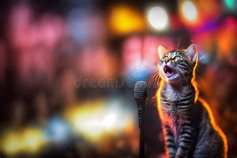 Cat Artist Sings Into A Microphone Neural Network Ai Generated Stock