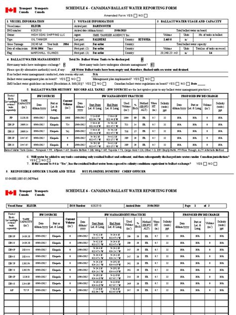 Canadian Ballast Water Reporting Form Pdf Oil Tanker Water