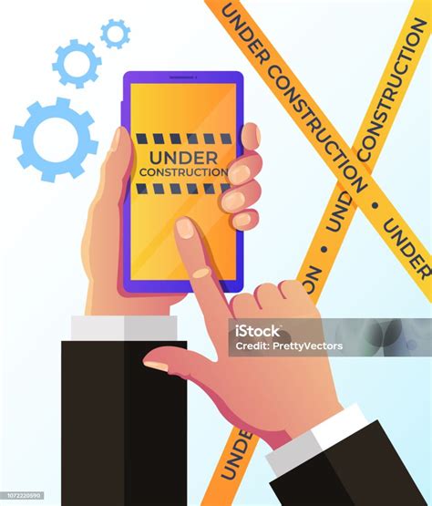 스마트폰 화면 장치에 깨진된 웹 페이지입니다 아래 건설 배너 개념 벡터 평면 만화 절연 그래픽 디자인 일러스트 레이 션 개발에 대한 스톡 벡터 아트 및 기타 이미지 Istock