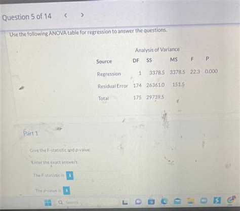 Solved Use The Following ANOVA Table For Regression To Chegg