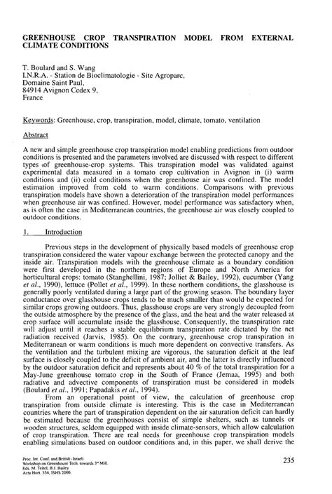 Pdf Greenhouse Crop Transpiration Model From External Climate Conditions