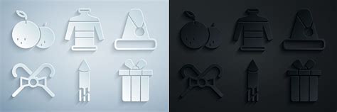 세트 불꽃놀이 로켓 크리스마스 산타 클로스 모자 사탕 지팡이 선물 상자 스웨터 및 귤 아이콘 벡터 3차원 형태에 대한 스톡 벡터 아트 및 기타 이미지 Istock