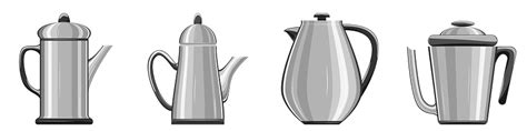 뜨거운 음료를 마실 수 있는 주전자 착색을 위한 모형 금속 케이스 플라스틱 손잡이 커피 냄비 차 코코아 뜨거운 물 요리 주방 용품 벡터 아이콘 세트 플랫 만화 회색 분리 0