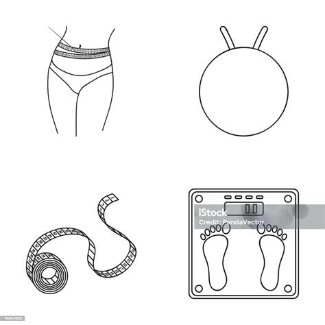 여성 허리 점프 테이프를 측정 저울의 무게에 대 한 공 피트 니스 개요 스타일 벡터 기호 재고 일러스트 웹에서 컬렉션 아이콘을 설정합니다 감정에 대한 스톡 벡터 아트 및