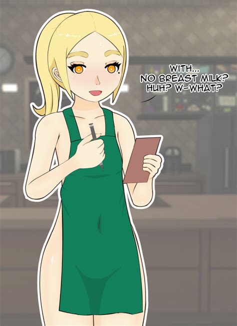 Rong Rong Mari Gold Original Starbucks Highres Girl Apron Barista Blonde Hair Breasts