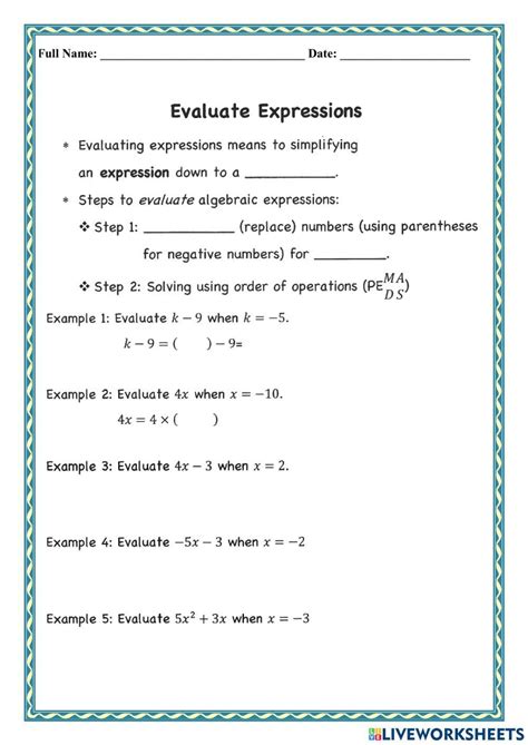 Evaluate Expressions Worksheet
