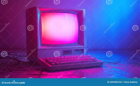Vintage Computer With CRT Monitor From 80s Or 90s And Neon Colors Light Stock Photo