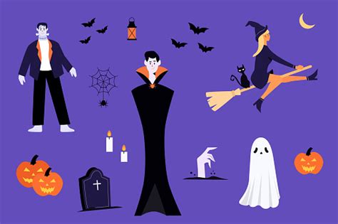 할로윈 문자와 요소 프랑켄슈타인 드라큘라 마녀 박쥐 유령 고양이 호박 거미 즐거운 할로윈 보내세요 과자 안 주면 장난칠 거예요 벡터 일러스트 만화 플랫 스타일 10월에 대한