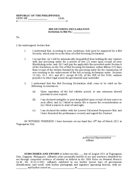 Bid Securing Declaration Pdf Affidavit Document