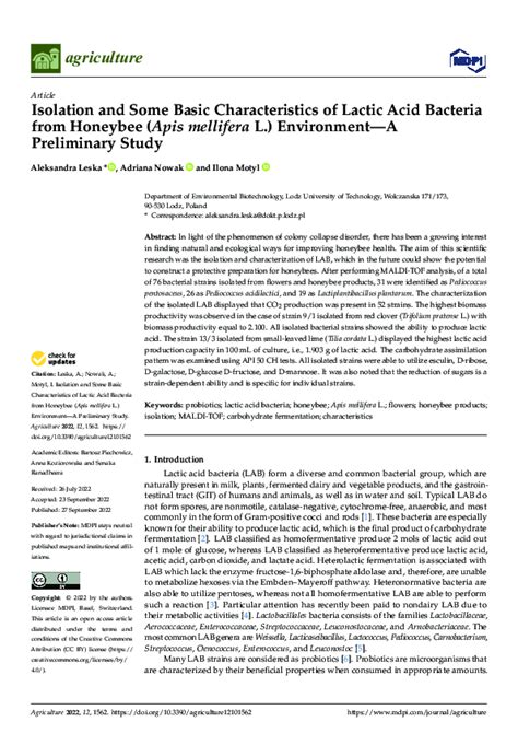 Pdf Isolation And Some Basic Characteristics Of Lactic Acid Bacteria From Honeybee Apis