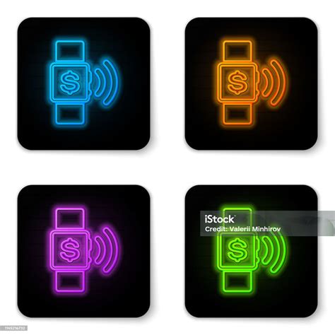 빛나는 네온 비접촉 지불 아이콘 흰색 배경에 고립입니다 무선 비접촉 거래를 만드는 Nfc 기술과 스마트 워치 검은색 사각형 단추입니다 벡터 일러스트 개념에 대한 스톡 벡터
