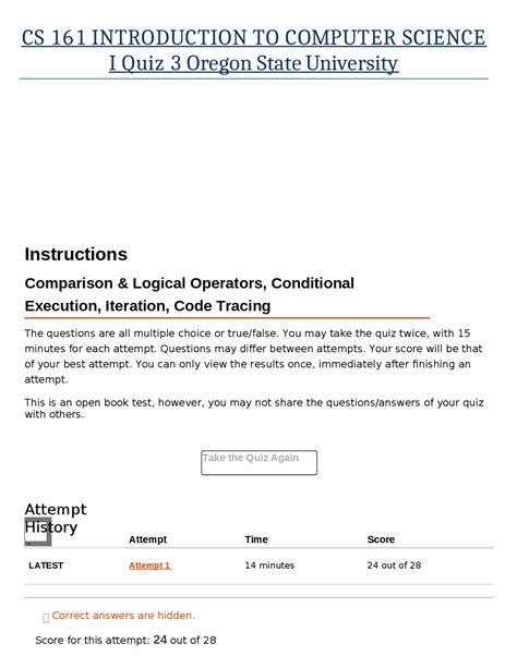Cs 161 Introduction To Computer Science I Quiz 3 Oregon State