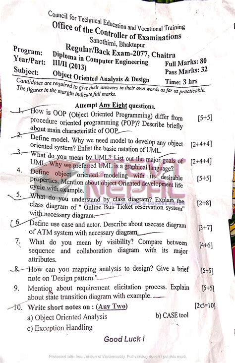 object oriented analysis and design 6th semester questions papers ctevt diploma in computer