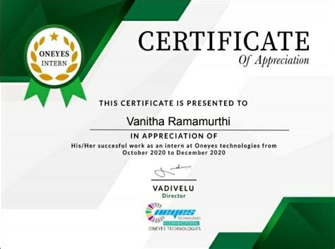 Vanitha Ramamurthi On Linkedin Internship Oneyeselearning