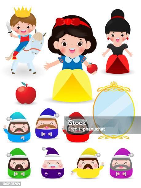 백설 공주와 일곱 난쟁이 흰색 배경에 백설 공주 왕자 공주와 난쟁이와 마녀 벡터 일러스트 드워프 설화에 대한 스톡 벡터 아트 및 기타 이미지 Istock