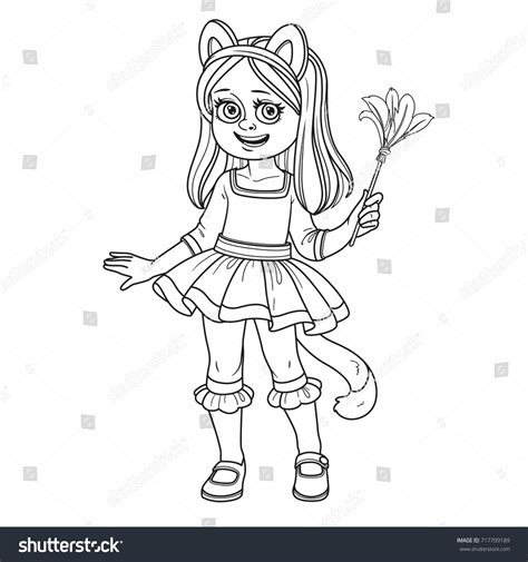 Cute Girl Cat Costume Outlined Coloring Stock Vector Royalty Free